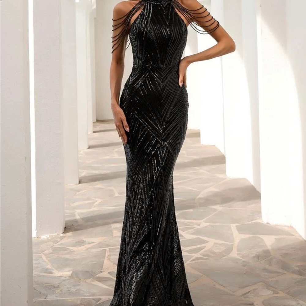 Black Sequin Gown With Beaded Shoulder Details - Gem